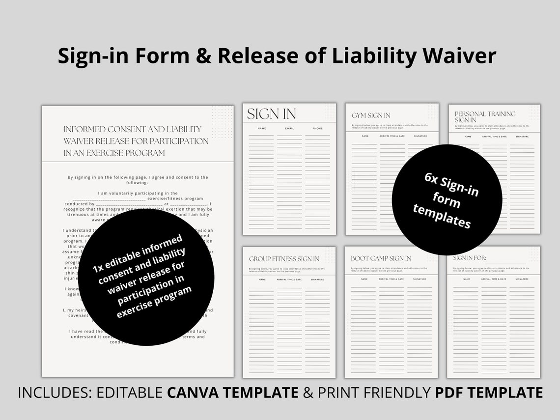 Editable Fitness Sign in Form and Liability Waiver Canva Template | Gym ...