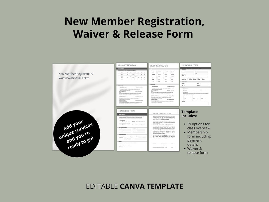 New Member Registration, Waiver & Release Form Editable Canva Template ...