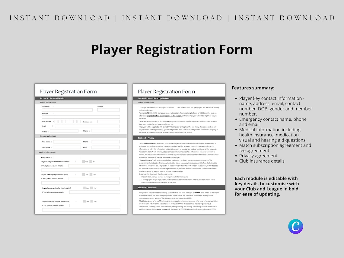 Editable Player Registration Form | Team Sports Registration Form Canva Template | Social Sports ...