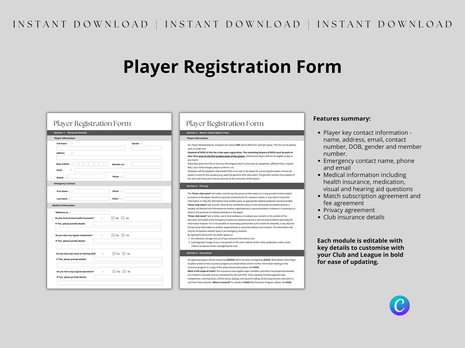 Editable Player Registration Form Team Sports Registration Form Canva ...