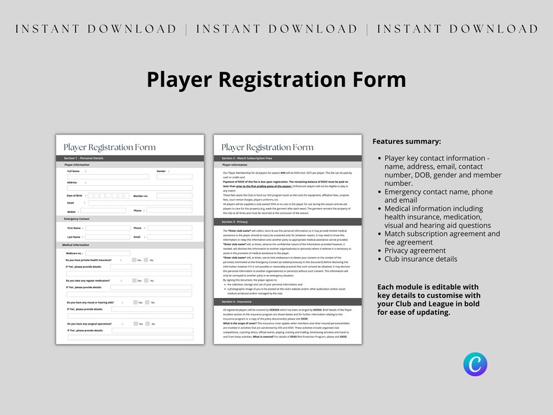 Editable Player Registration Form | Team Sports Registration Form Canva ...
