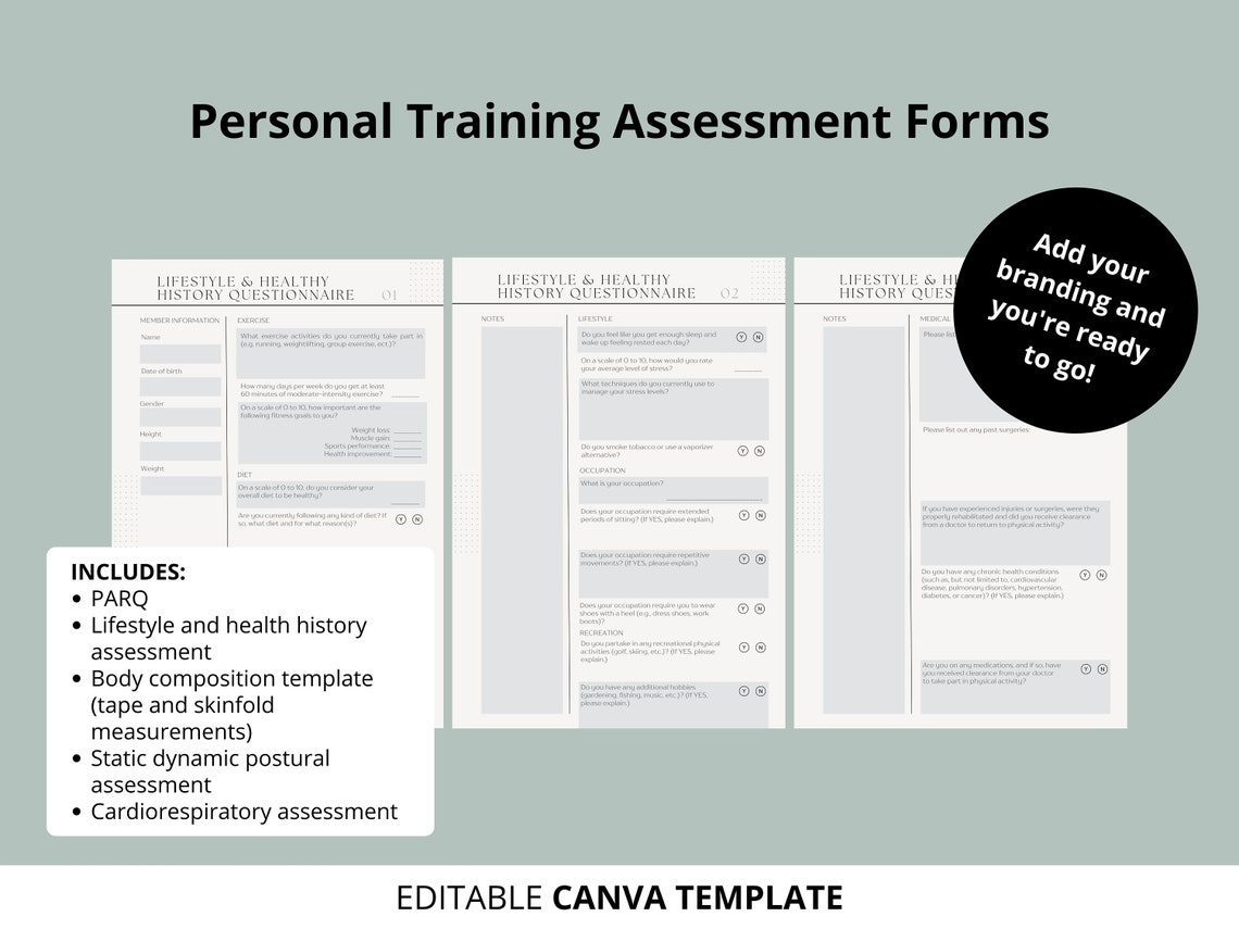 Premium Editable and Printable Personal Training Fitness Assessment ...