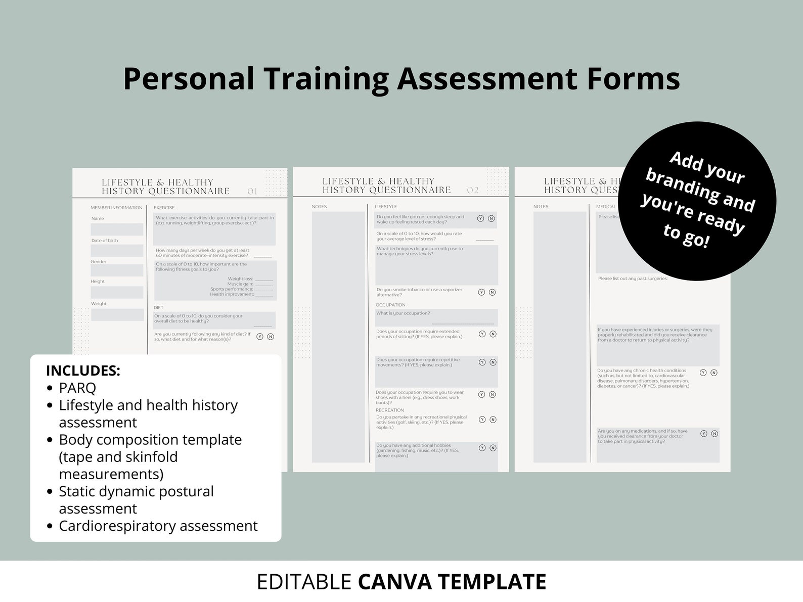 Premium Editable and Printable Personal Training Fitness Assessment ...