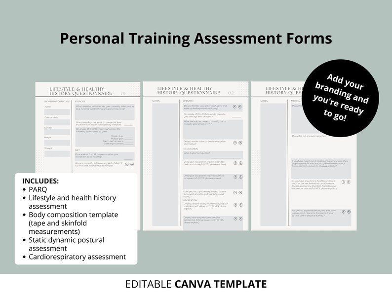 Premium Editable and Printable Personal Training Fitness Assessment ...