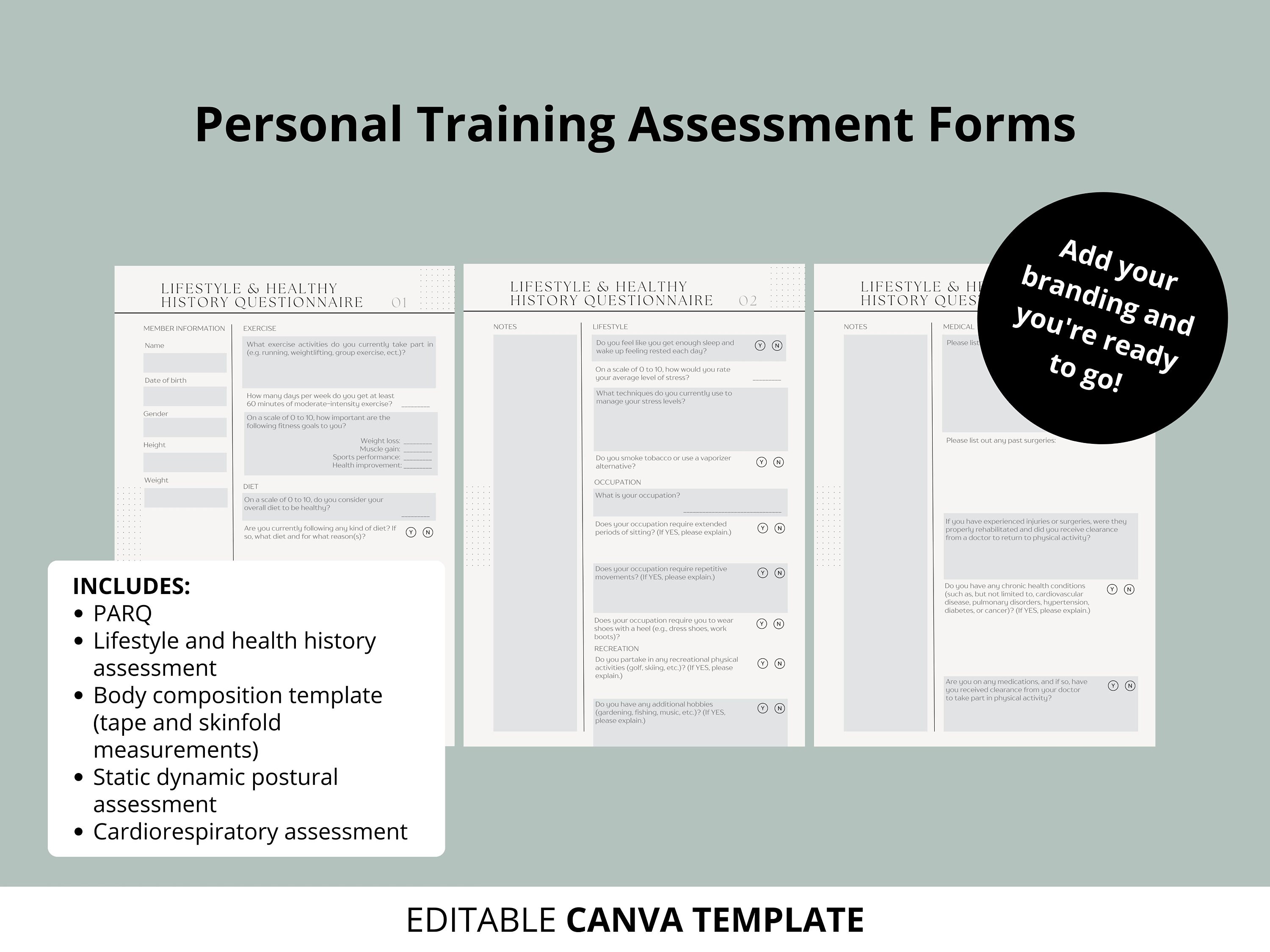 Premium Editable and Printable Personal Training Fitness Assessment ...