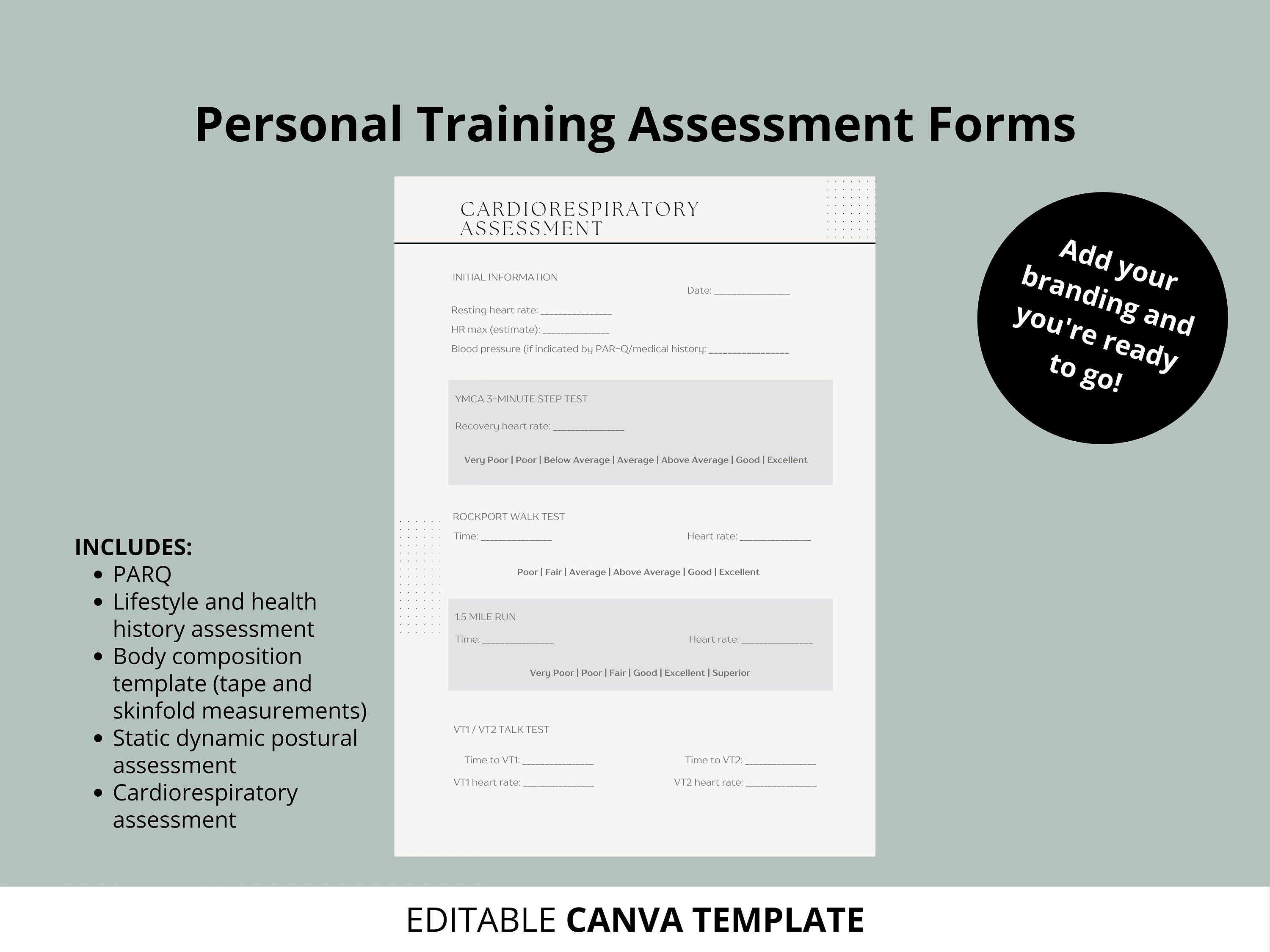 Premium Editable and Printable Personal Training Fitness Assessment ...
