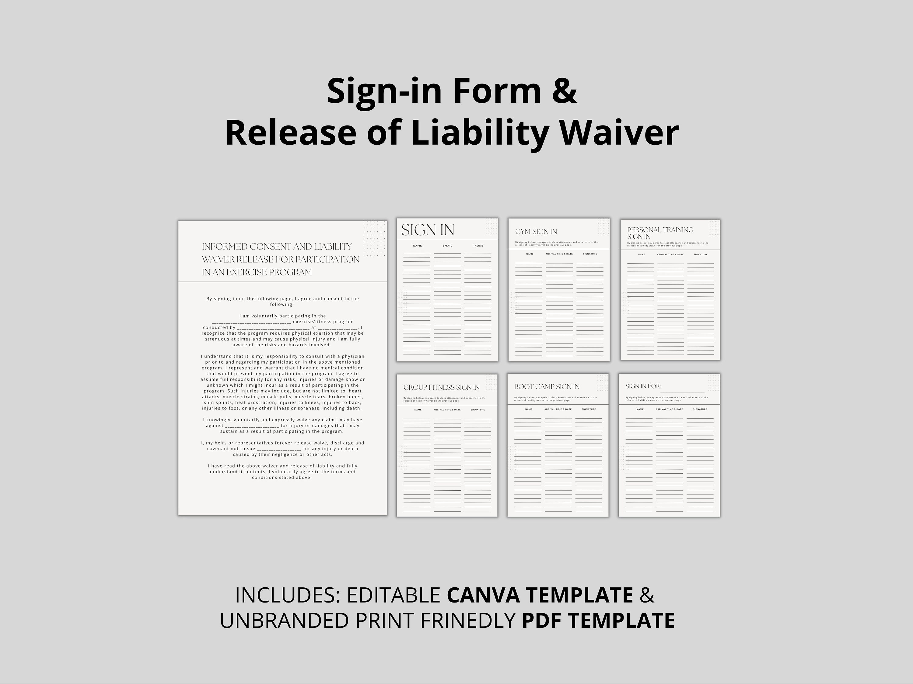 Editable Fitness Sign in Form and Liability Waiver Canva Template | Gym ...