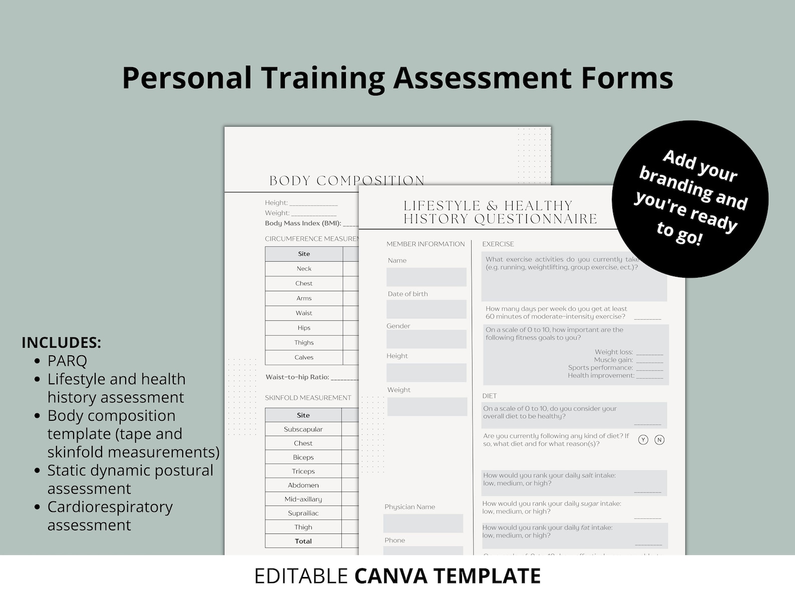 Premium Editable and Printable Personal Training Fitness Assessment ...