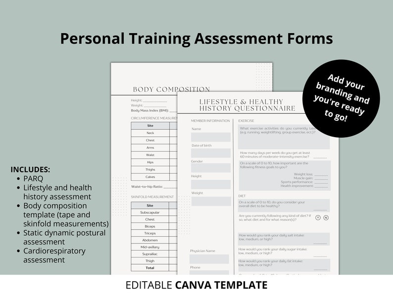 Premium Editable and Printable Personal Training Fitness Assessment ...