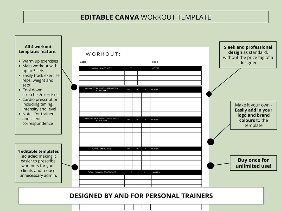 Editable Canva Workout Template for Personal Trainers | Blank Workout ...