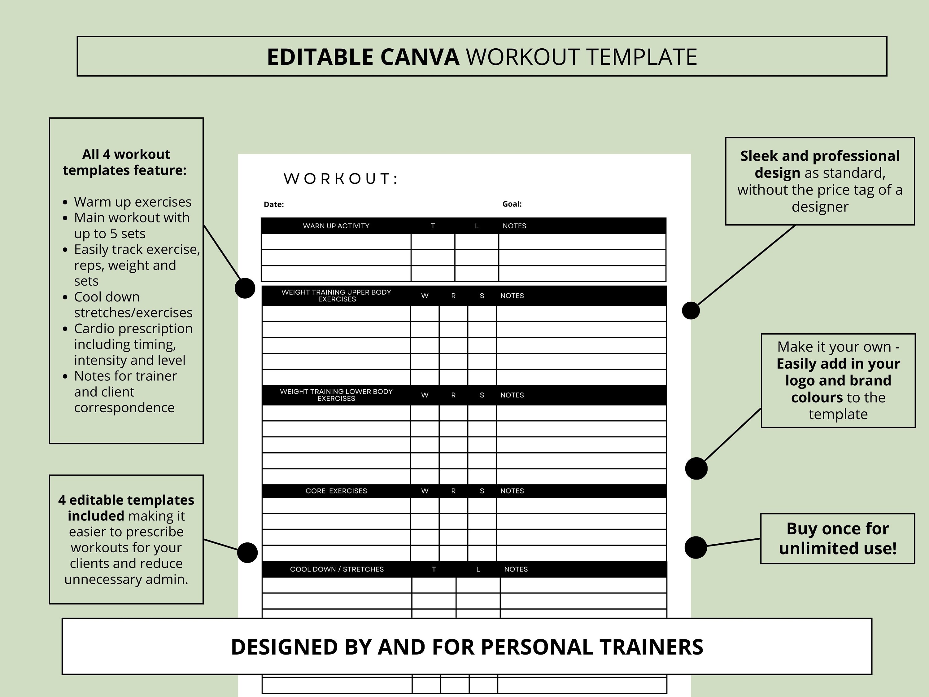 Editable Canva Workout Template for Personal Trainers | Blank Workout ...