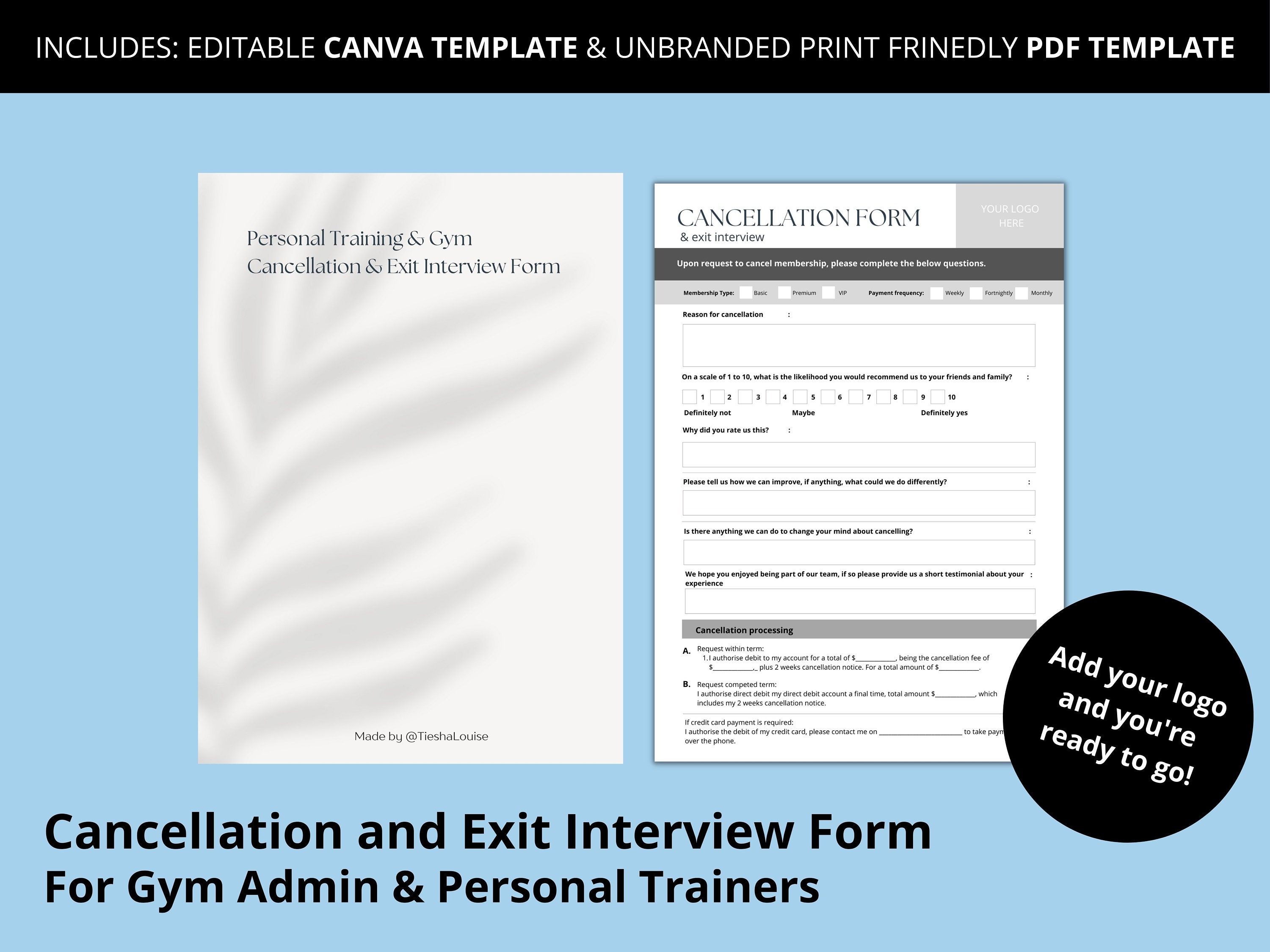 Cancellation and Exit Interview Form for Personal Trainers Gym ...