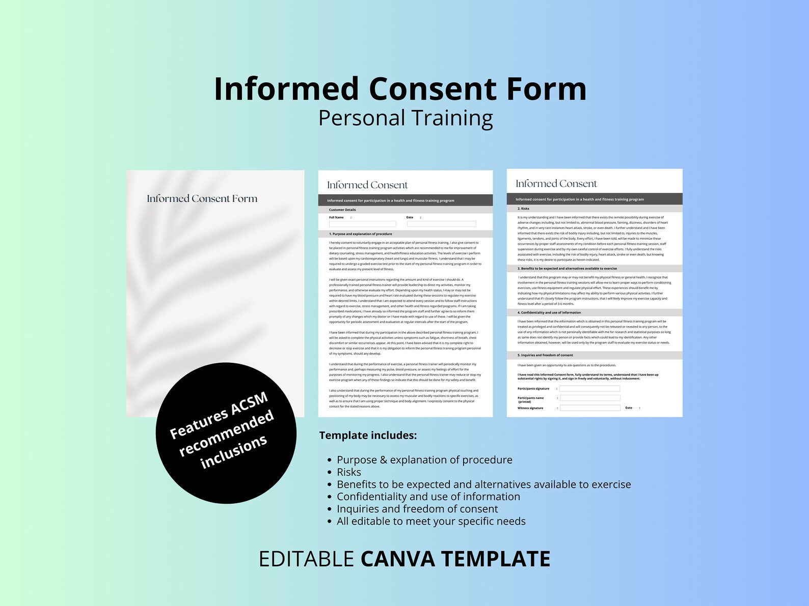 Informed Consent Form Canva Template Editable Personal Training ...
