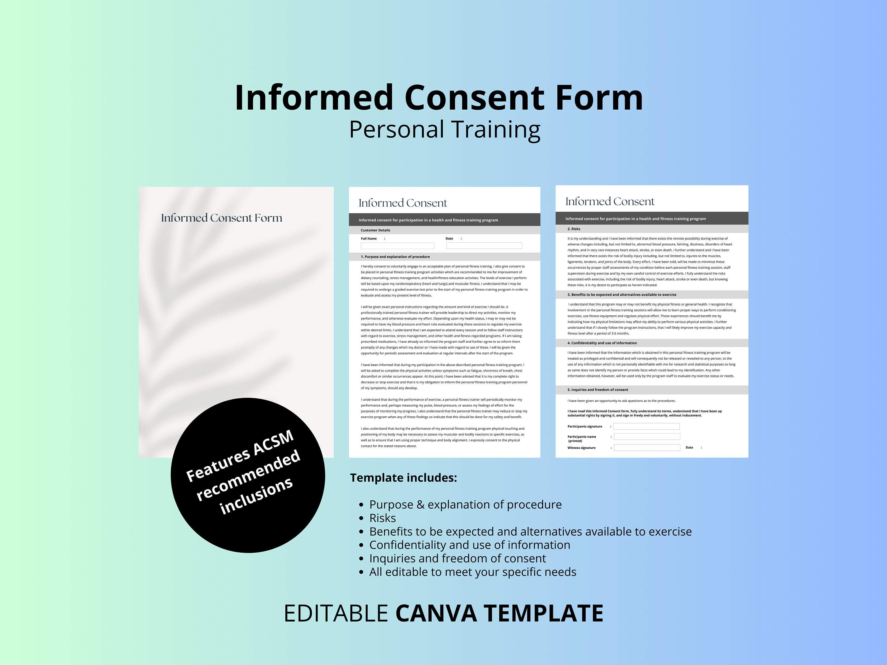 Informed Consent Form Canva Template Editable Personal Training Informed Consent Form Template ...