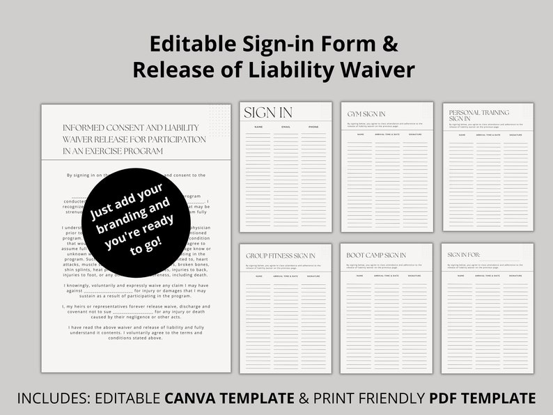 Editable Fitness Sign in Form and Liability Waiver Canva Template | Gym ...