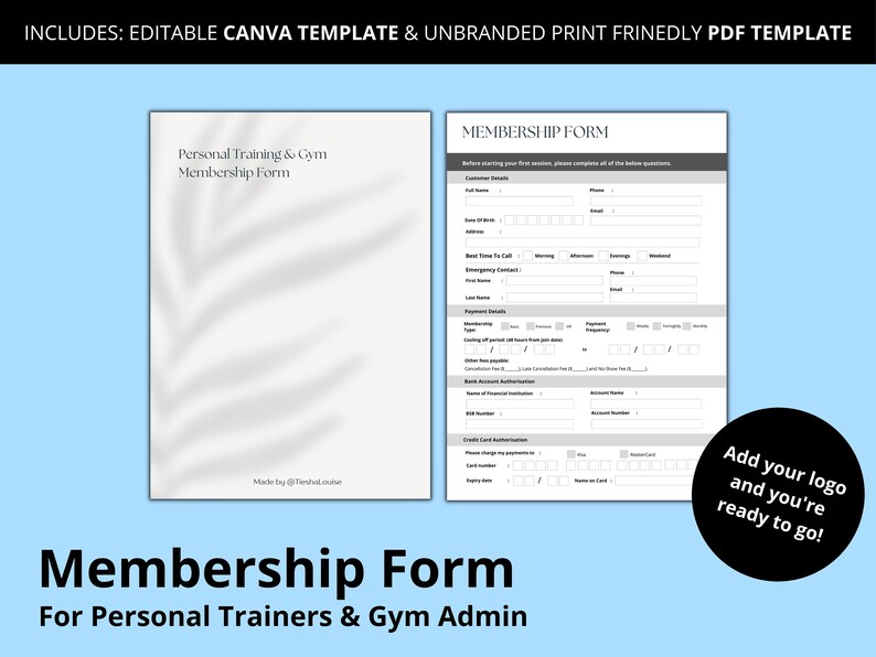 Membership Form for Personal Trainers | Gym Membership Form | New ...