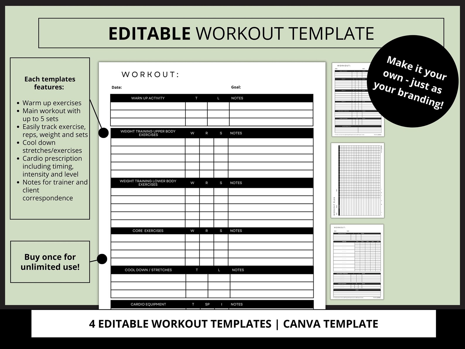 Editable Canva Workout Template for Personal Trainers Blank - Etsy