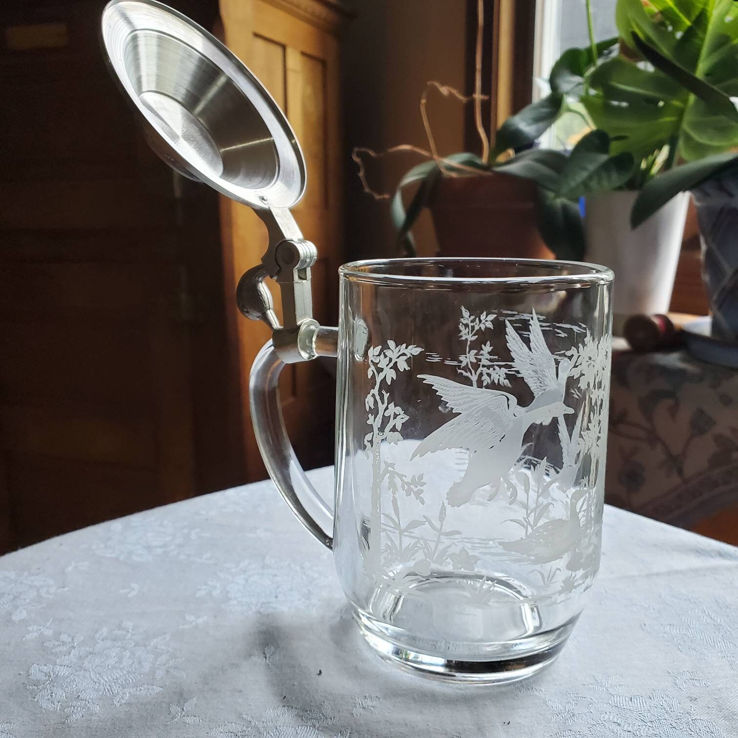 Etched Glass Beer Stein With Pewter Top Flying Mallard Ducks - Etsy