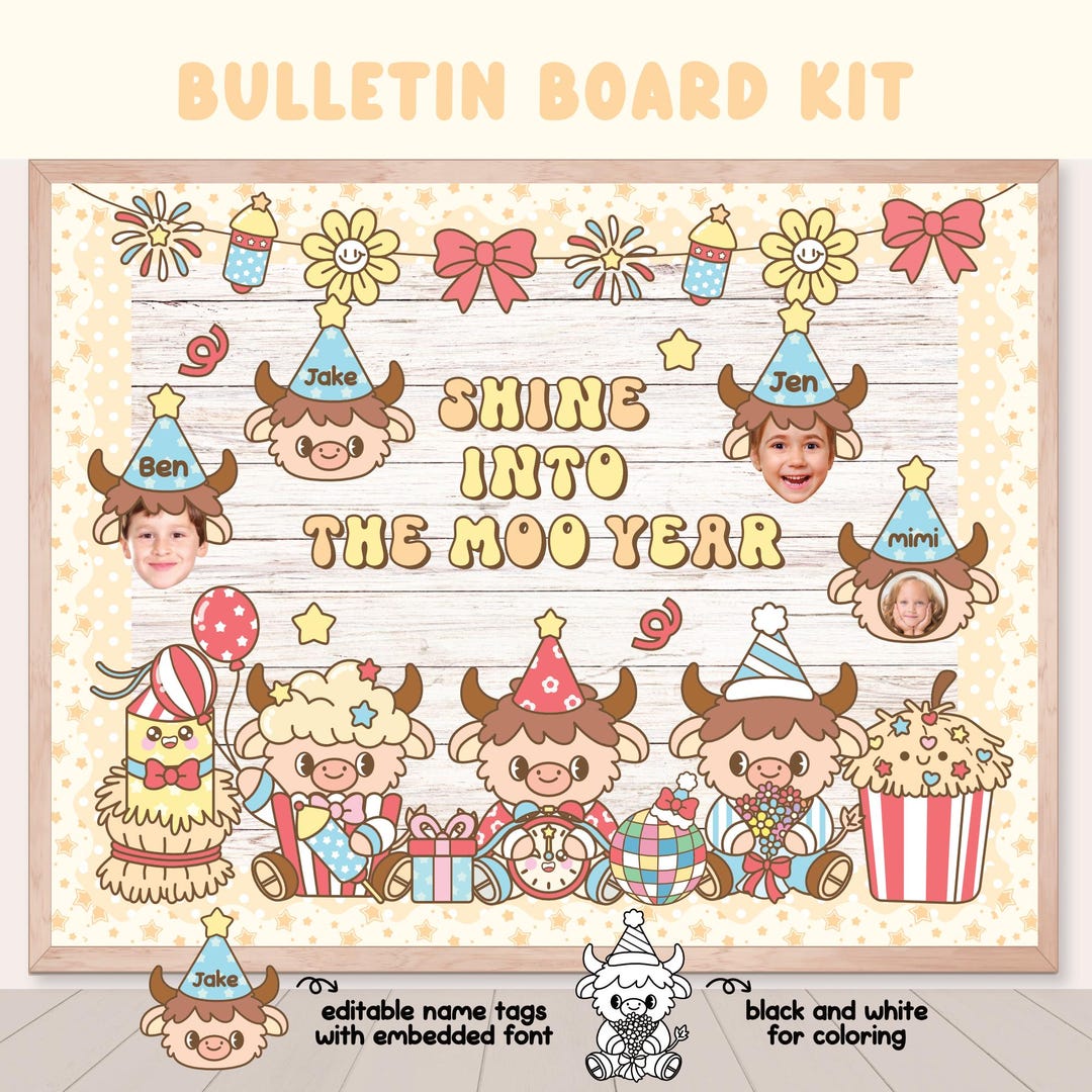 New Year Highland Cow Bulletin Board, December Door Decor (editable ...