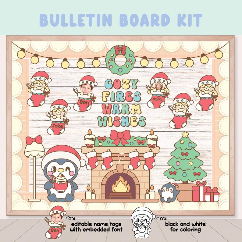 Fireplace Bulletin Board, Christmas Stocking, Penguin Warm Wishes, Cozy ...