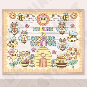 Groovy Retro Spring Bee Bulletin Board, Welcome to Our Hive, April Back ...