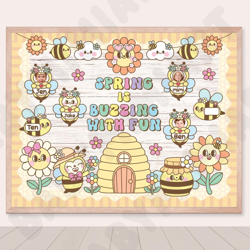 Groovy Retro Spring Bee Bulletin Board, Welcome to Our Hive, April Back ...