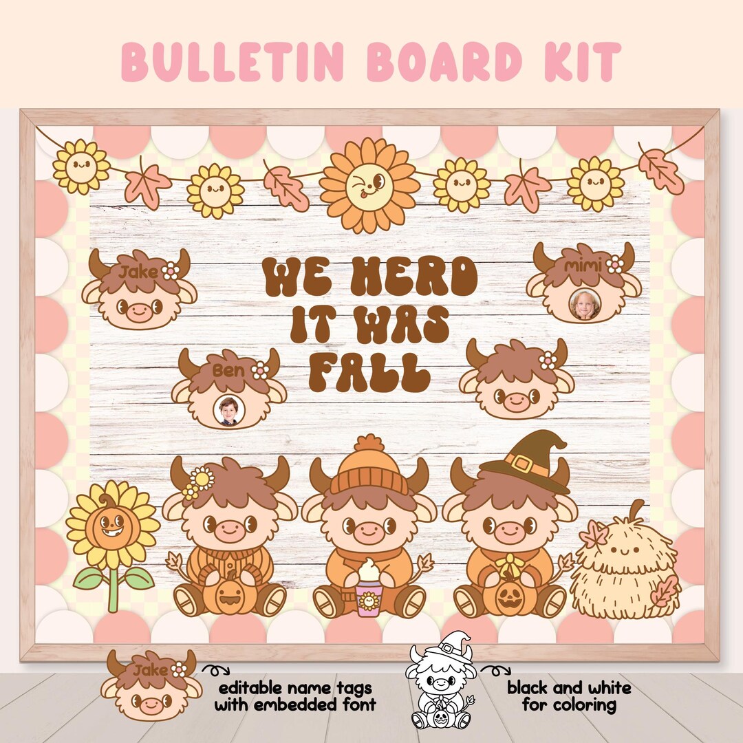 Groovy Retro Fall Autumn Bulletin Board Kit, Retro Highland Cow Clipart ...