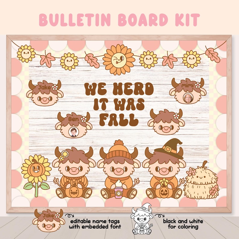 Groovy Retro Fall Autumn Bulletin Board Kit, Retro Highland Cow Clipart ...