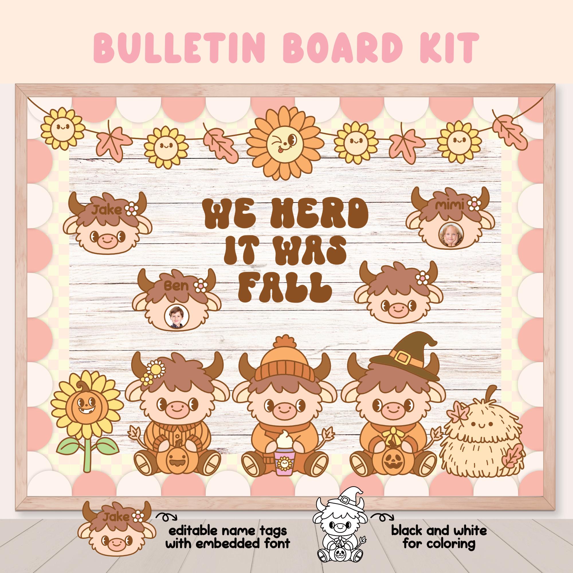 Groovy Retro Fall Autumn Bulletin Board Kit, Retro Highland Cow Clipart ...