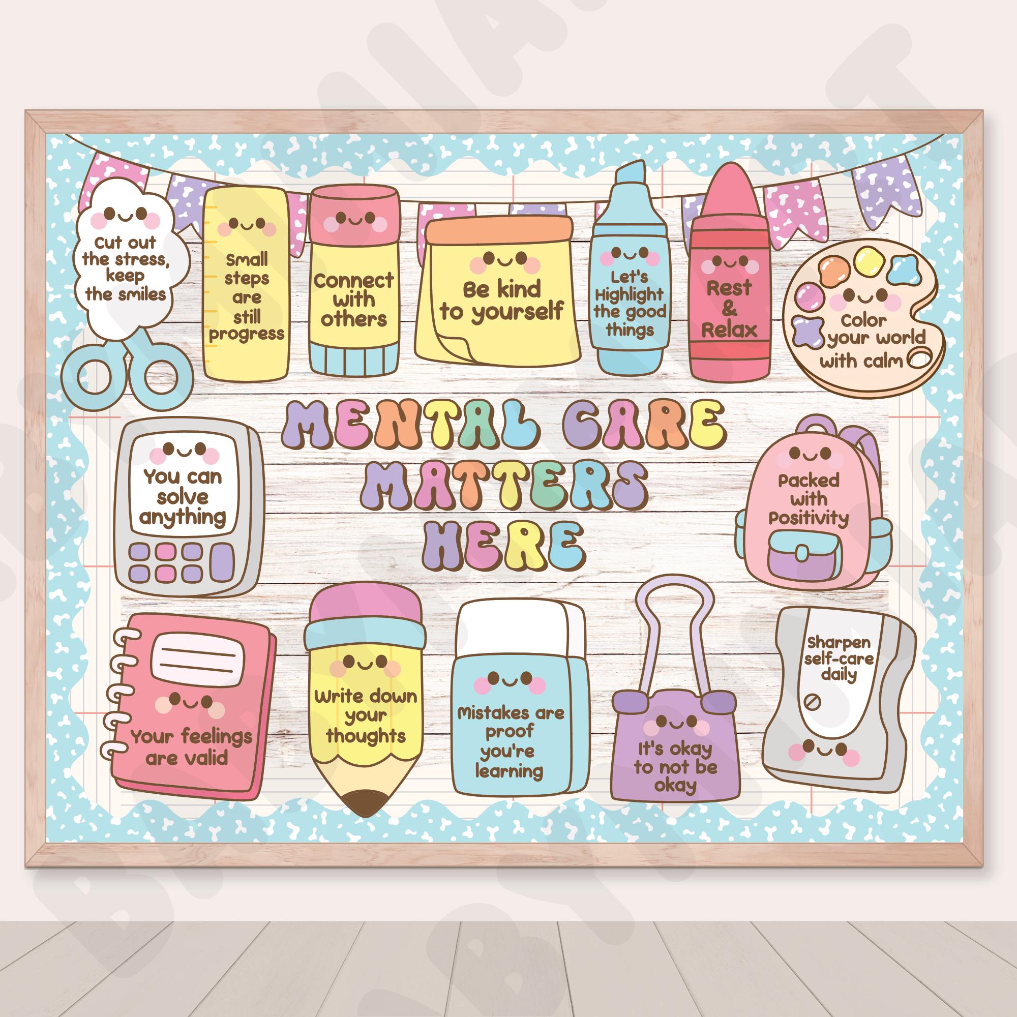 Back to School Mental Health Bulletin Board, August Wellness Door Decor ...