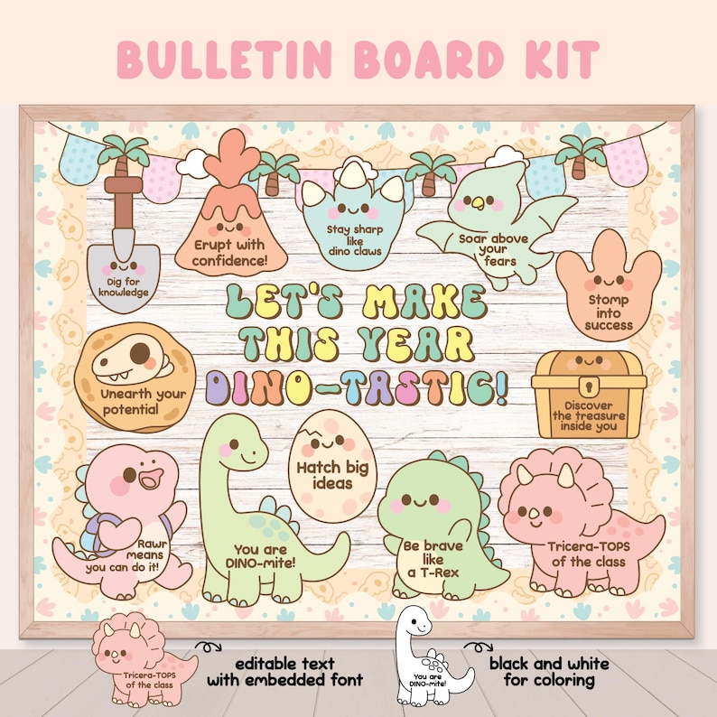 Back to School Dinosaur Bulletin Board, Motivation August Door Decor ...