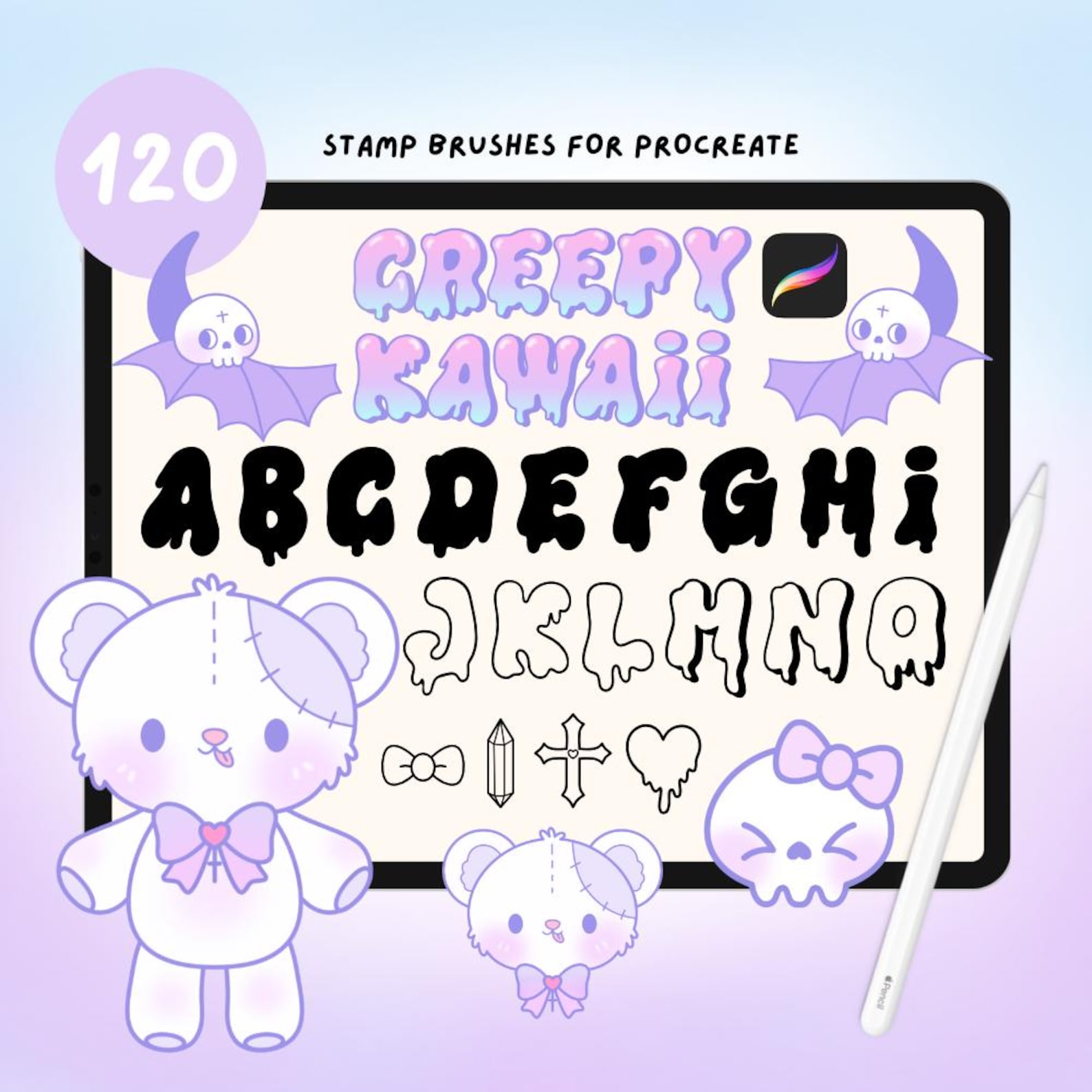 120 Creepy Kawaii Dripping Letter Procreate Stamps, Alphabet Procreate ...