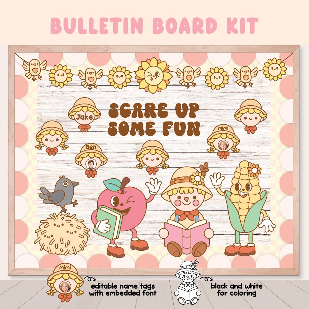 Groovy Retro Fall Autumn Bulletin Board Kit, Retro Scarecrow Clipart ...