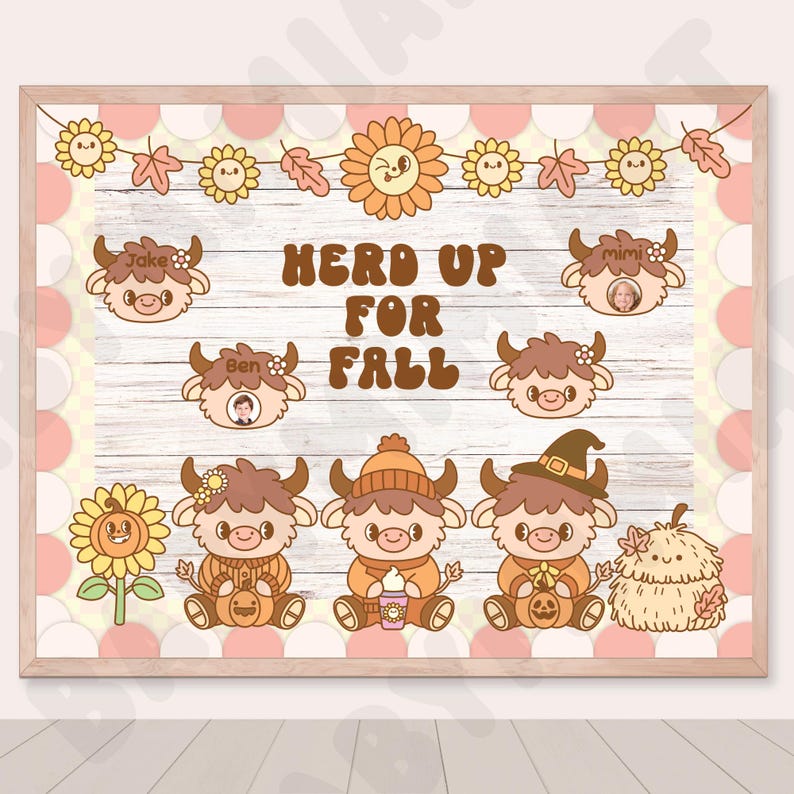 Groovy Retro Fall Autumn Bulletin Board Kit, Retro Highland Cow Clipart ...