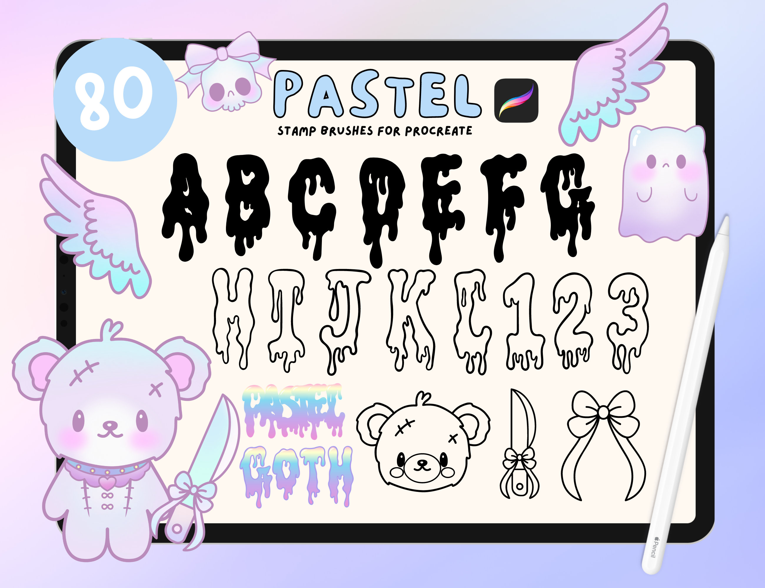 80 Pastel Goth Dripping Letter Procreate Stamps, Alphabet Procreate ...
