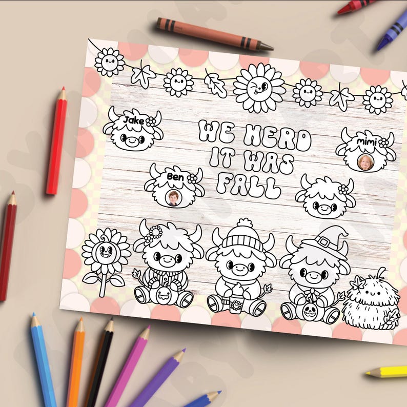 Groovy Retro Fall Autumn Bulletin Board Kit, Retro Highland Cow Clipart ...