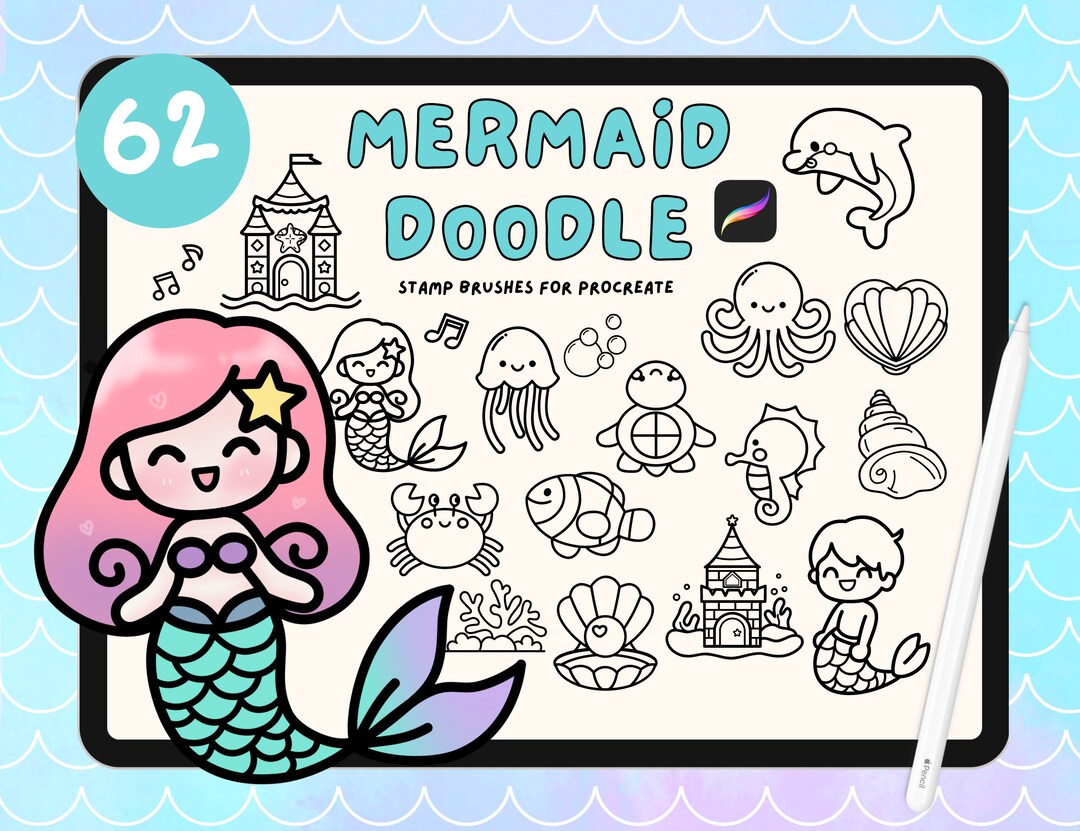 Cute 62 Mermaid Procreate Stamps, Mermaid Doodle Procreate Brushes ...