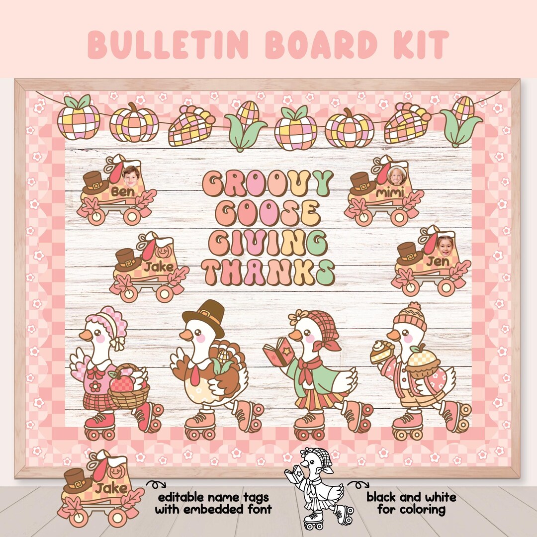 Groovy Thanksgiving Bulletin Board Kit: Retro Goose Decor (digital ...