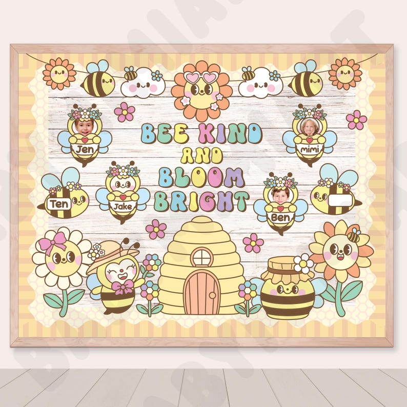 Groovy Retro Spring Bee Bulletin Board, Welcome to Our Hive, April Back ...