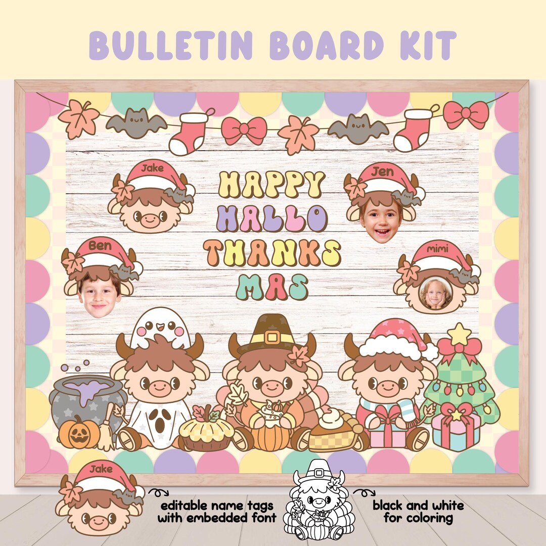 Happy Hallothanksmas Highland Cow Bulletin Board, October Door Decor ...