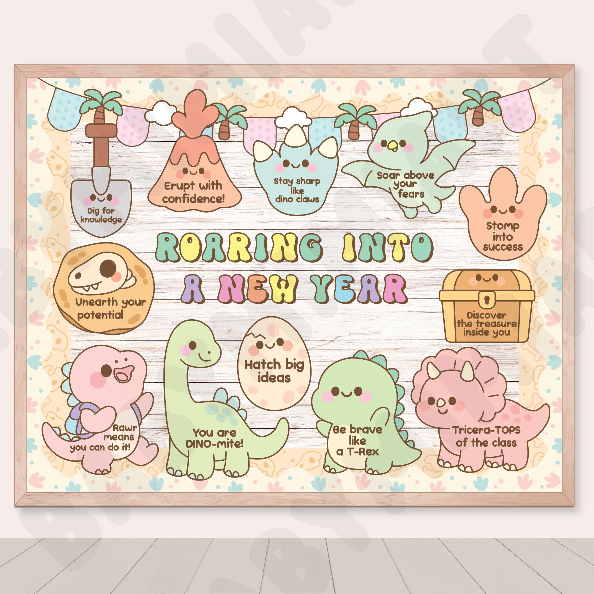 Back to School Dinosaur Bulletin Board, Motivation August Door Decor ...