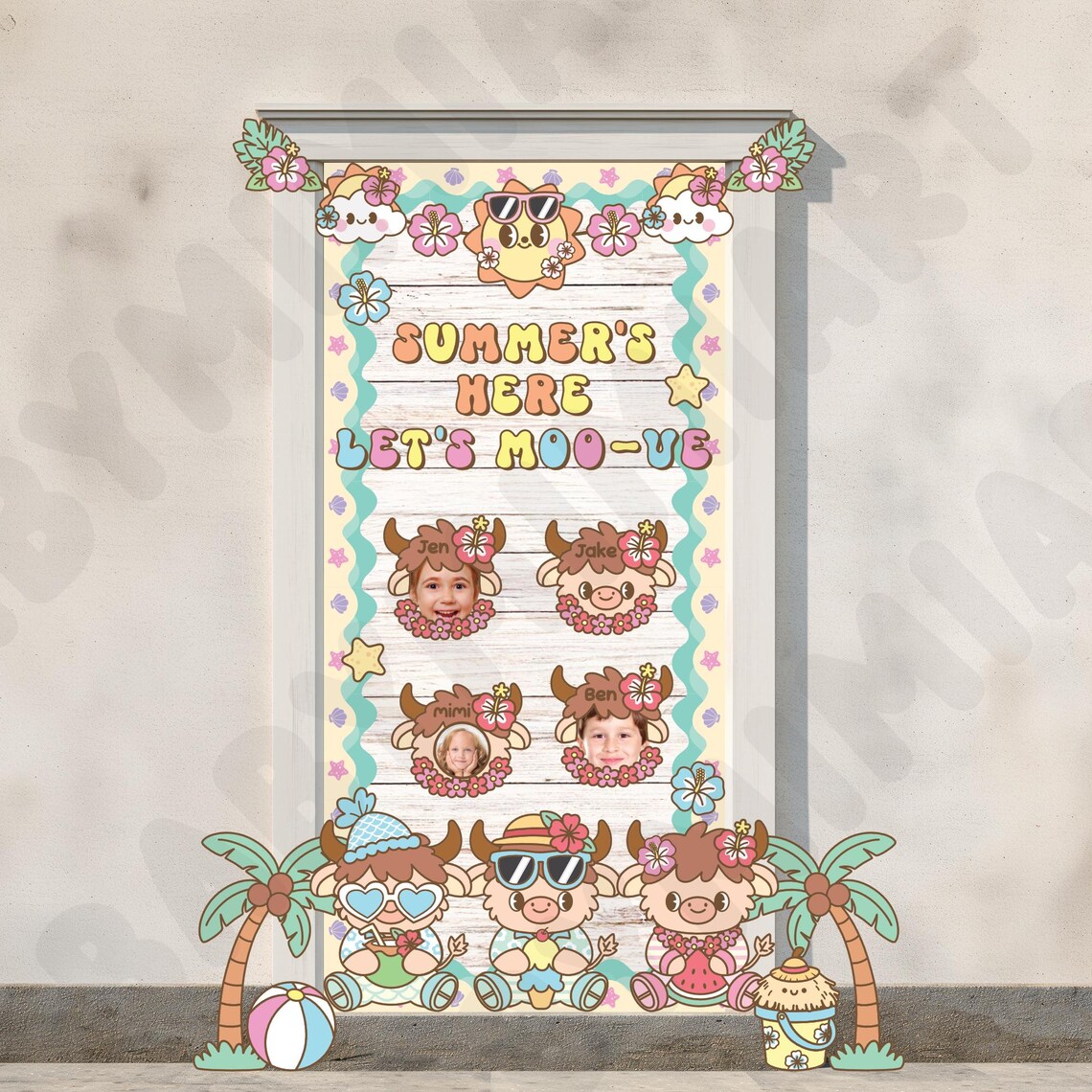Groovy Retro Summer Bulletin Board, Summer's Here Let's Moo-ve, Summer ...