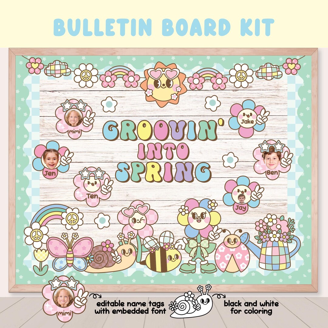 Groovy Retro Spring Flower Bulletin Board, Grooving Into Spring, April ...