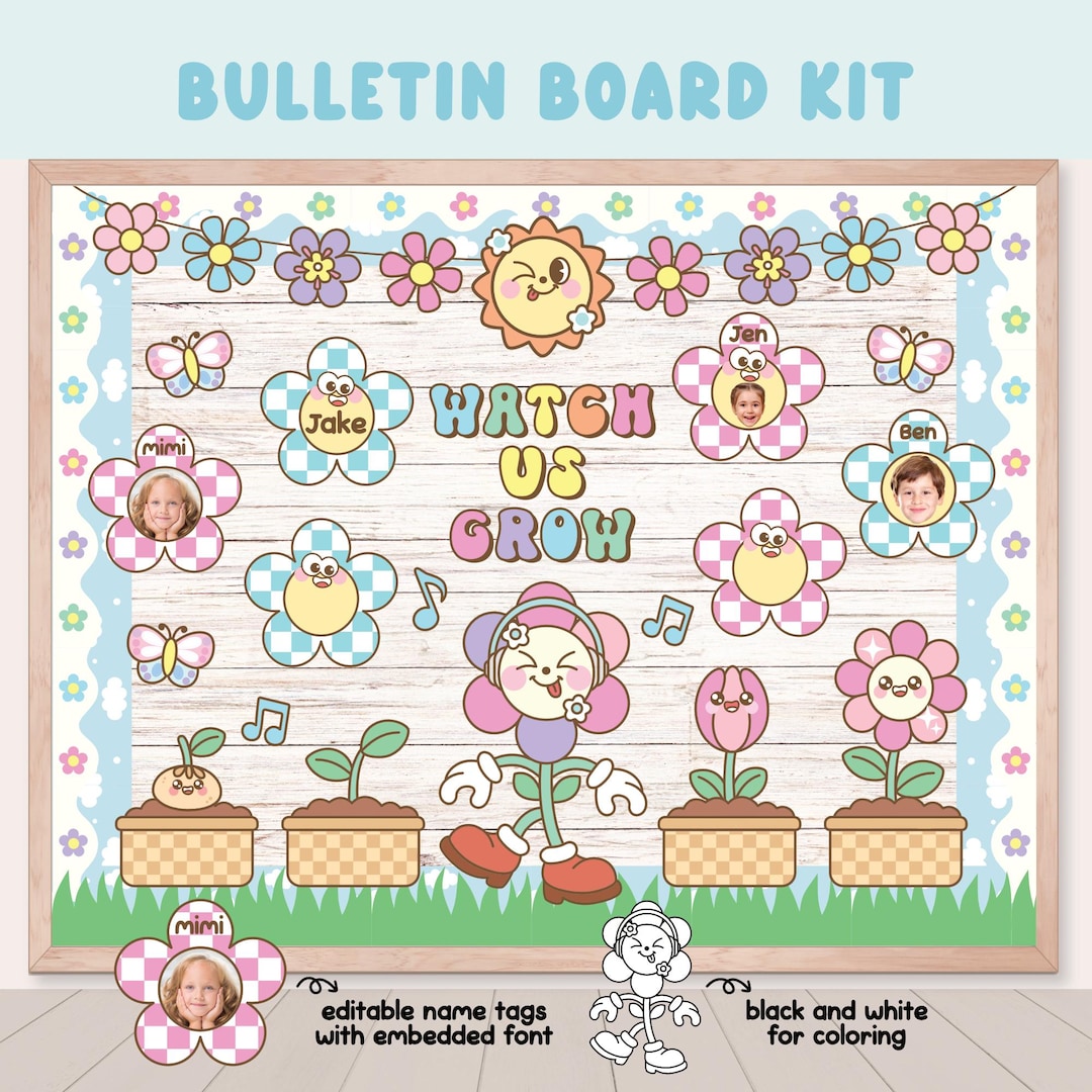 Garden Watch Us Grow Bulletin Board, Groovy Retro Flower Back to School ...