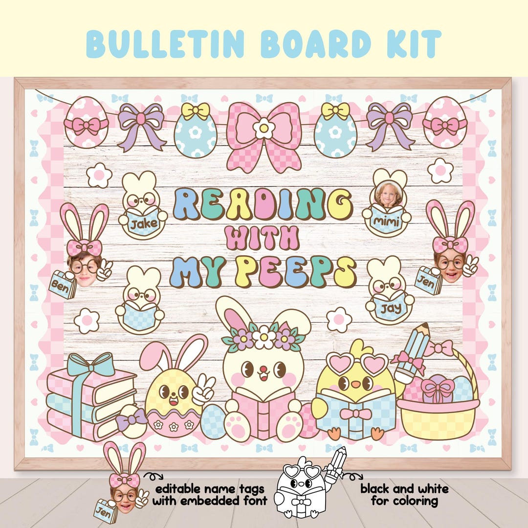 Groovy Retro Easter Spring Day Bulletin Board, Reading With My Peeps ...