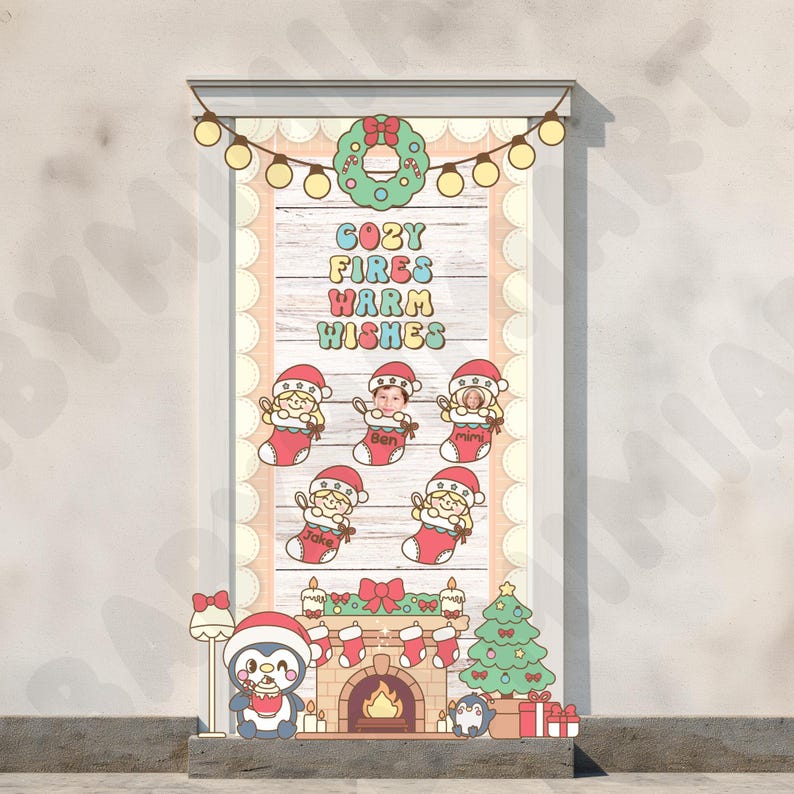 Fireplace Bulletin Board, Christmas Stocking, Penguin Warm Wishes, Cozy ...