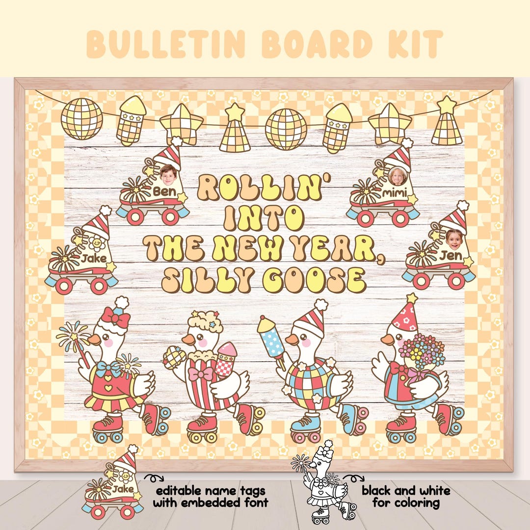 Groovy Retro New Year Silly Goose Bulletin Board,pastel December Winter ...