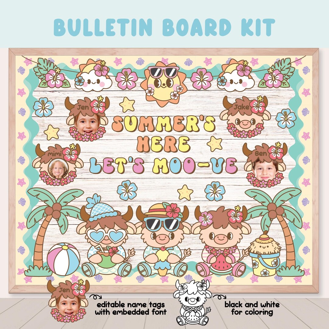 Groovy Retro Summer Bulletin Board, Summer's Here Let's Moo-ve, Summer ...