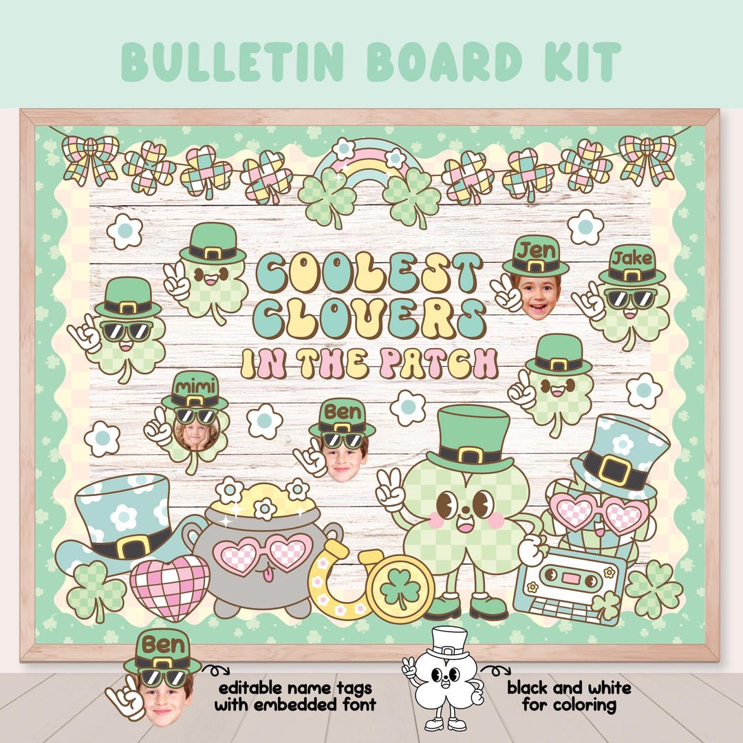 Groovy Retro St Patricks Day Bulletin Board, Retro Shamrock Clovers ...