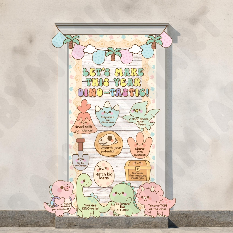 Back to School Dinosaur Bulletin Board, Motivation August Door Decor ...